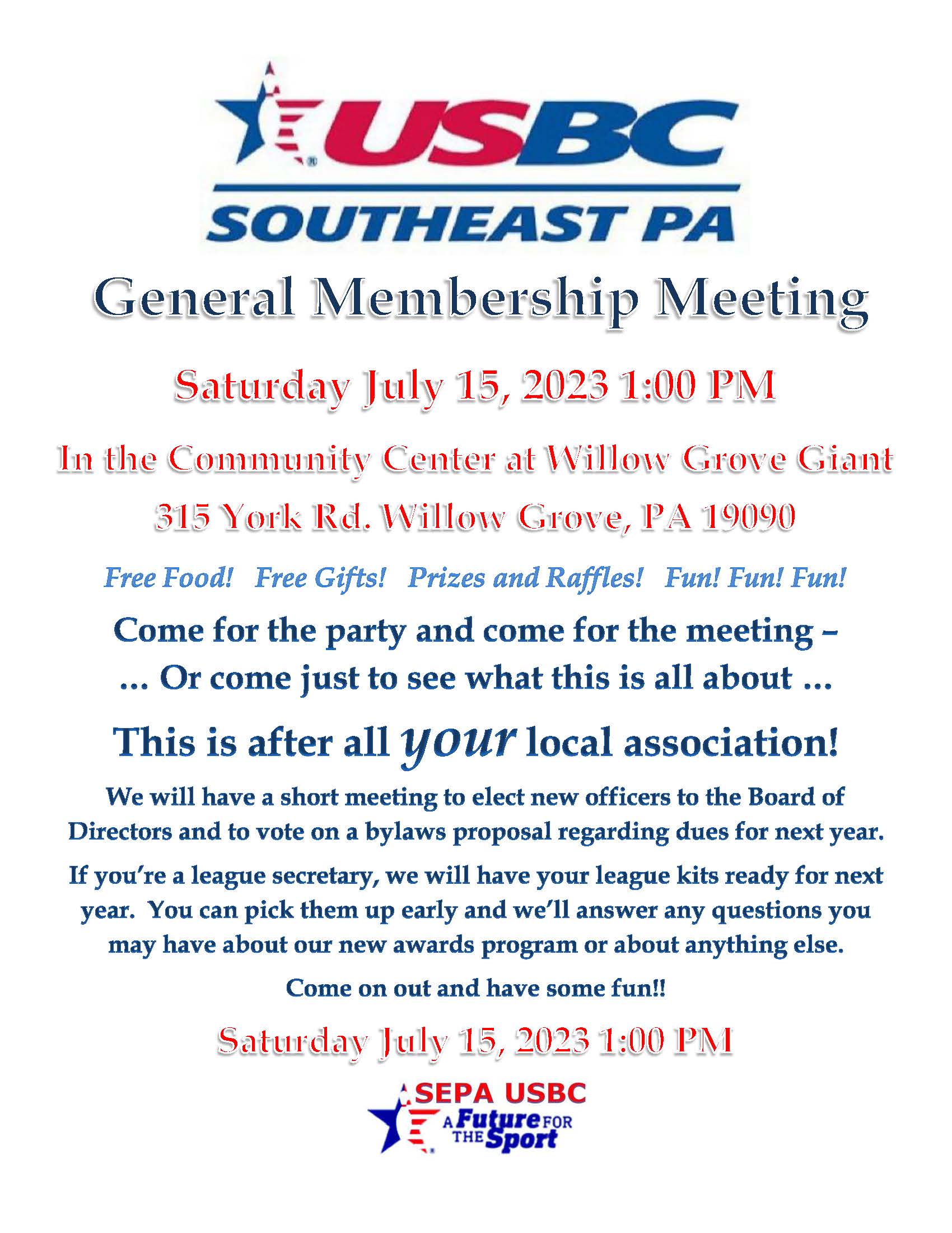 General Membership Meeting Poster 2023 – SOUTHEAST PA USBC ASSOCIATION
